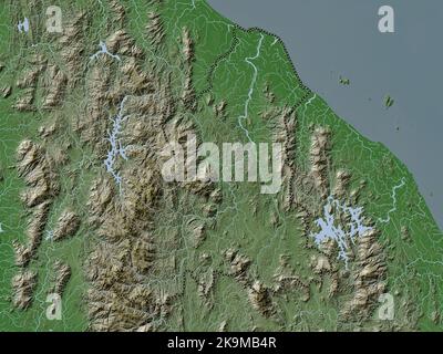 Kelantan, state of Malaysia. Colored elevation map with lakes and ...
