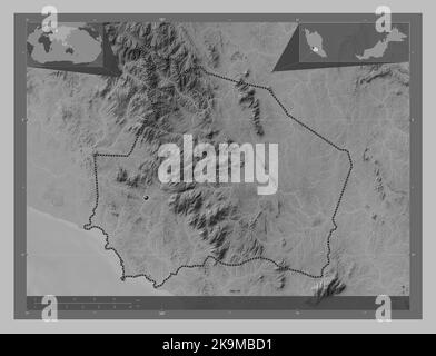 Negeri Sembilan, state of Malaysia. Grayscale elevation map with lakes ...