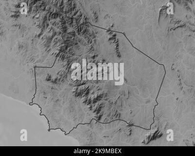 Negeri Sembilan, state of Malaysia. Grayscale elevation map with lakes ...