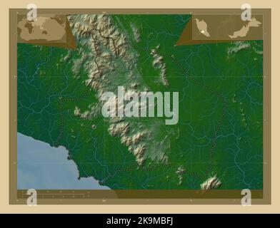 Negeri Sembilan, state of Malaysia. Colored elevation map with lakes ...
