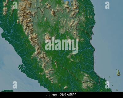 Pahang, state of Malaysia. Colored elevation map with lakes and rivers ...