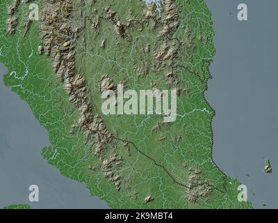 Pahang, state of Malaysia. Colored elevation map with lakes and rivers ...