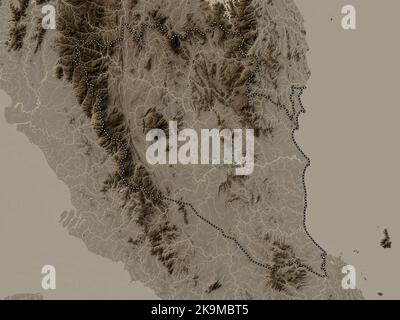 Pahang, state of Malaysia. Colored elevation map with lakes and rivers ...