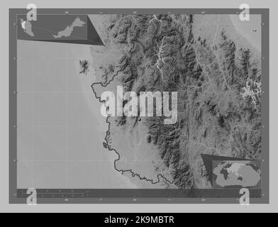Perak, state of Malaysia. Grayscale elevation map with lakes and rivers ...