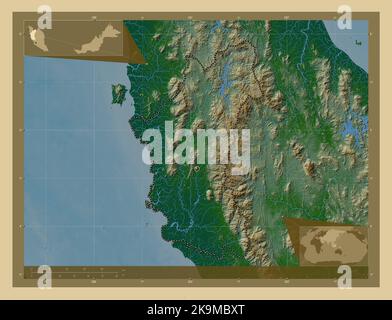 Perak, state of Malaysia. Colored elevation map with lakes and rivers ...