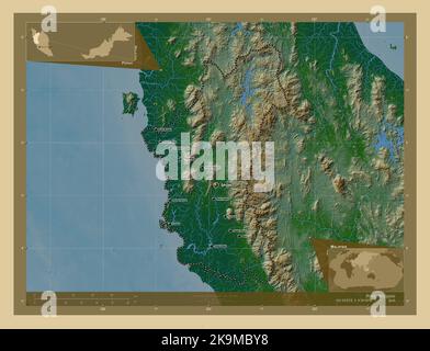 Perak, state of Malaysia. Colored elevation map with lakes and rivers ...