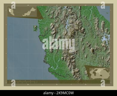 Perak, state of Malaysia. Colored elevation map with lakes and rivers ...
