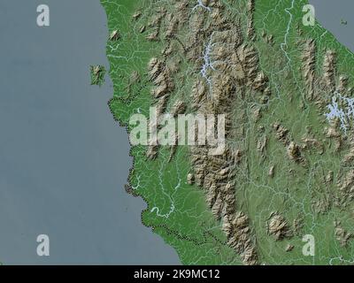 Perak, state of Malaysia. Colored elevation map with lakes and rivers ...