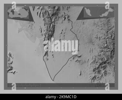 Perlis, state of Malaysia. Grayscale elevation map with lakes and ...