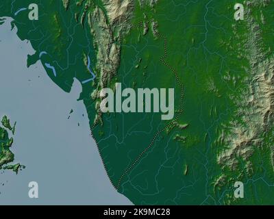 Perlis, state of Malaysia. Colored elevation map with lakes and rivers ...