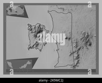 Pulau Pinang, state of Malaysia. Grayscale elevation map with lakes and ...