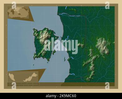Pulau Pinang, state of Malaysia. Colored elevation map with lakes and ...