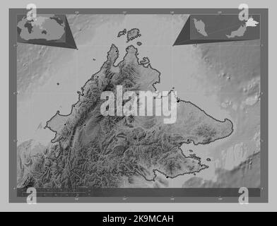 Sabah, state of Malaysia. Grayscale elevation map with lakes and rivers ...