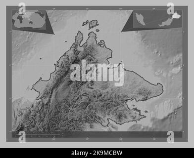 Sabah, state of Malaysia. Grayscale elevation map with lakes and rivers ...