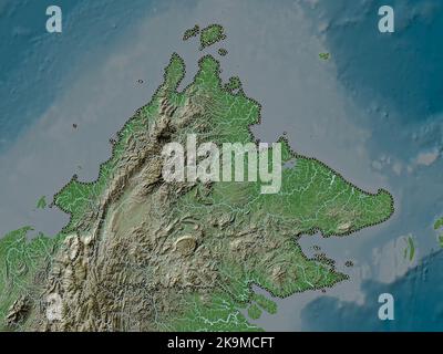 Sabah, state of Malaysia. Colored elevation map with lakes and rivers ...