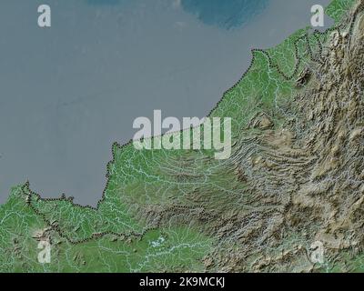 Sarawak, state of Malaysia. Colored elevation map with lakes and rivers ...