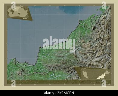 Sarawak, state of Malaysia. Colored elevation map with lakes and rivers ...