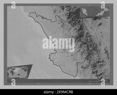 Selangor, state of Malaysia. Grayscale elevation map with lakes and ...