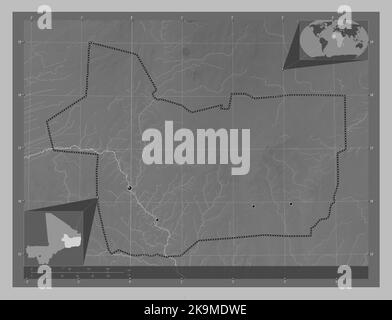 Gao, region of Mali. Grayscale elevation map with lakes and rivers ...