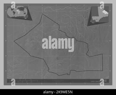 Kidal, region of Mali. Grayscale elevation map with lakes and rivers ...