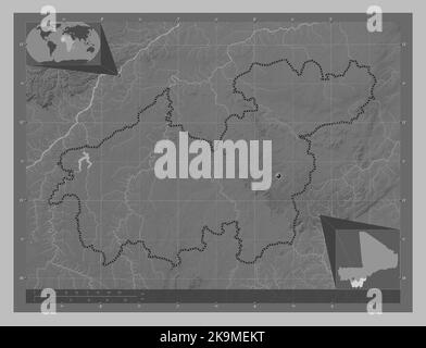 Sikasso, region of Mali. Grayscale elevation map with lakes and rivers ...