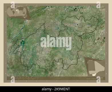 Sikasso, region of Mali. High resolution satellite map. Locations of ...