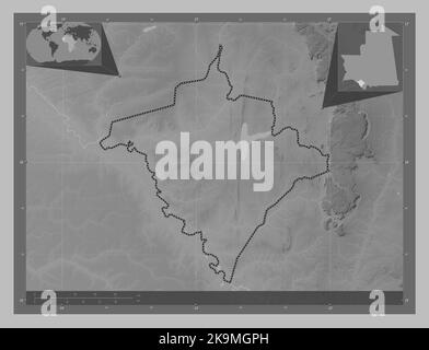 Gorgol, region of Mauritania. Grayscale elevation map with lakes and ...