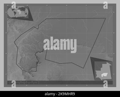 Tagant, region of Mauritania. Grayscale elevation map with lakes and ...