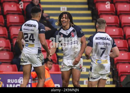 Dom Young of England celebrates his try with Kallum Watkins of England ...
