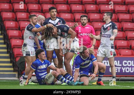 Dom Young of England goes over for his fourth try during the Rugby ...