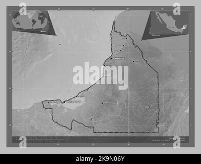 Campeche, state of Mexico. Grayscale elevation map with lakes and ...