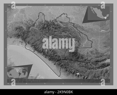 Chiapas, state of Mexico. Grayscale elevation map with lakes and rivers ...