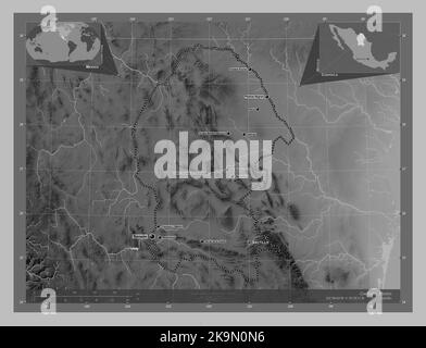 Coahuila, state of Mexico. Grayscale elevation map with lakes and ...