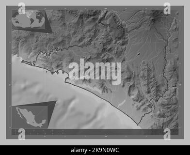 Colima, state of Mexico. Grayscale elevation map with lakes and rivers ...