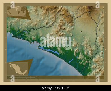 Colima, state of Mexico. Colored elevation map with lakes and rivers ...