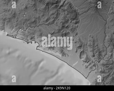 Colima, state of Mexico. Grayscale elevation map with lakes and rivers ...