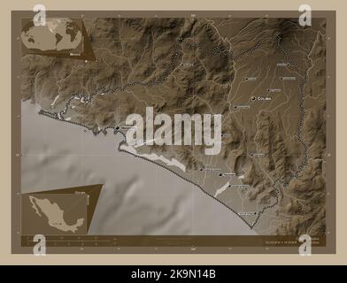 Colima, state of Mexico. Colored elevation map with lakes and rivers ...