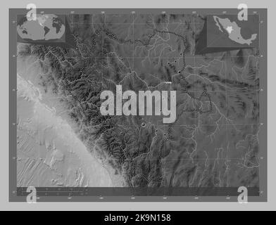 Durango, state of Mexico. Grayscale elevation map with lakes and rivers ...