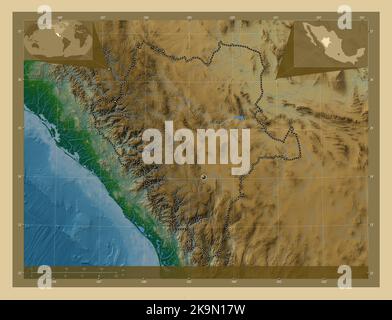 Durango, state of Mexico. Elevation map colored in sepia tones with ...