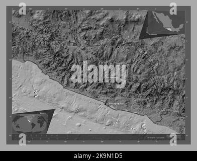 Guerrero, state of Mexico. Bilevel elevation map with lakes and rivers ...