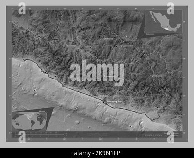 Guerrero, state of Mexico. Grayscale elevation map with lakes and ...