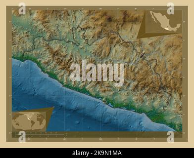 Guerrero, state of Mexico. Colored elevation map with lakes and rivers ...