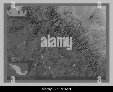 Hidalgo, state of Mexico. Grayscale elevation map with lakes and rivers ...