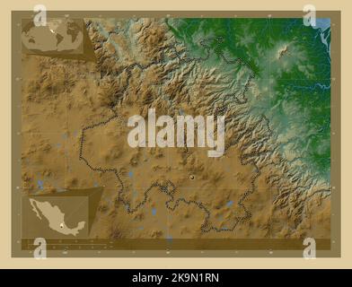 Hidalgo, state of Mexico. Colored elevation map with lakes and rivers ...