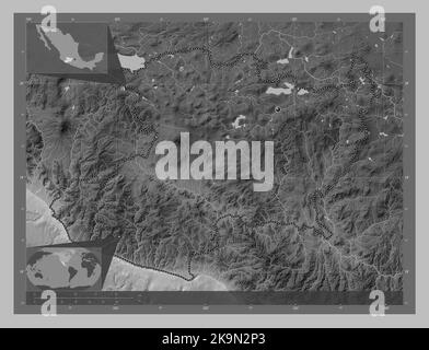 Michoacan, state of Mexico. Grayscale elevation map with lakes and ...