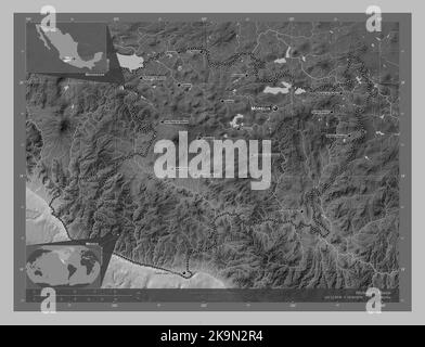 Michoacan, state of Mexico. Grayscale elevation map with lakes and ...