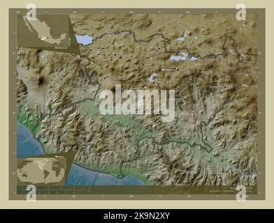 Michoacan, state of Mexico. Colored elevation map with lakes and rivers ...