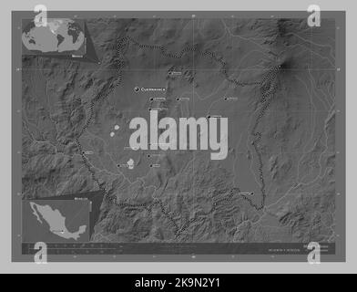 Morelos, state of Mexico. Grayscale elevation map with lakes and rivers ...