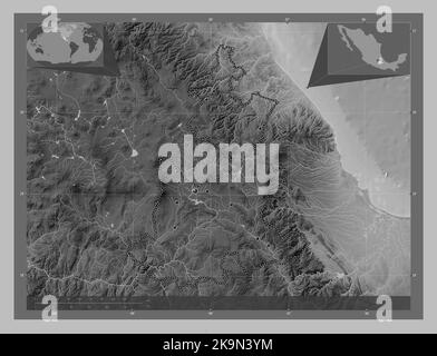 Puebla, state of Mexico. Grayscale elevation map with lakes and rivers ...