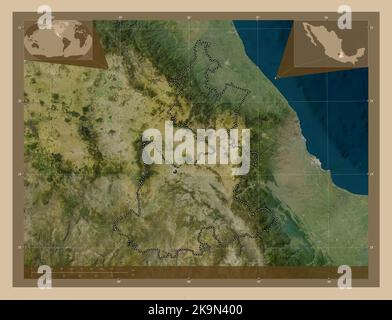 Puebla, state of Mexico. Low resolution satellite map. Locations and ...